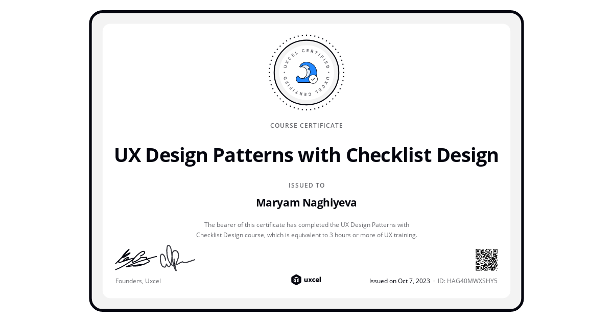 Certificate of completion for UX Design Patterns with Checklist Design | Uxcel